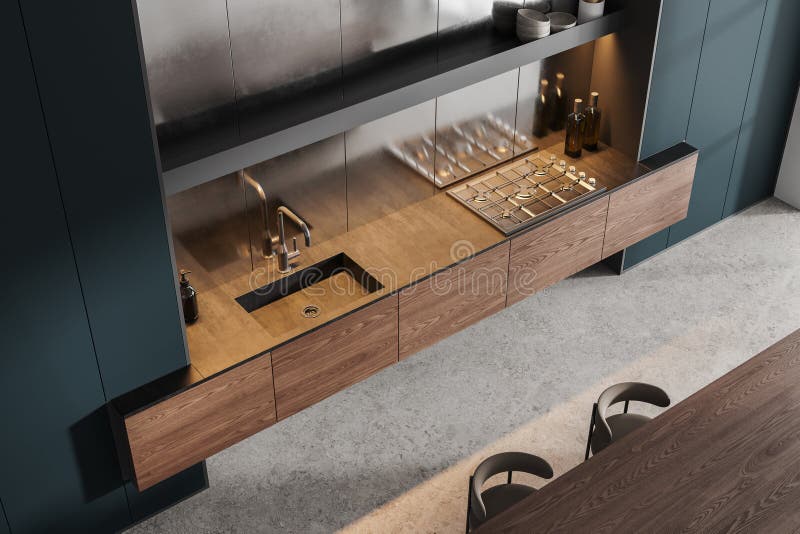 Top View of Modern Home Kitchen Interior with Cooking Cabinet with ...