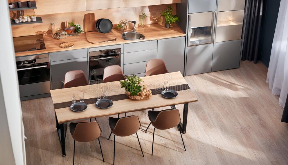 Top View of Modern Home Kitchen Interior with Cooking Zone and Dinner ...