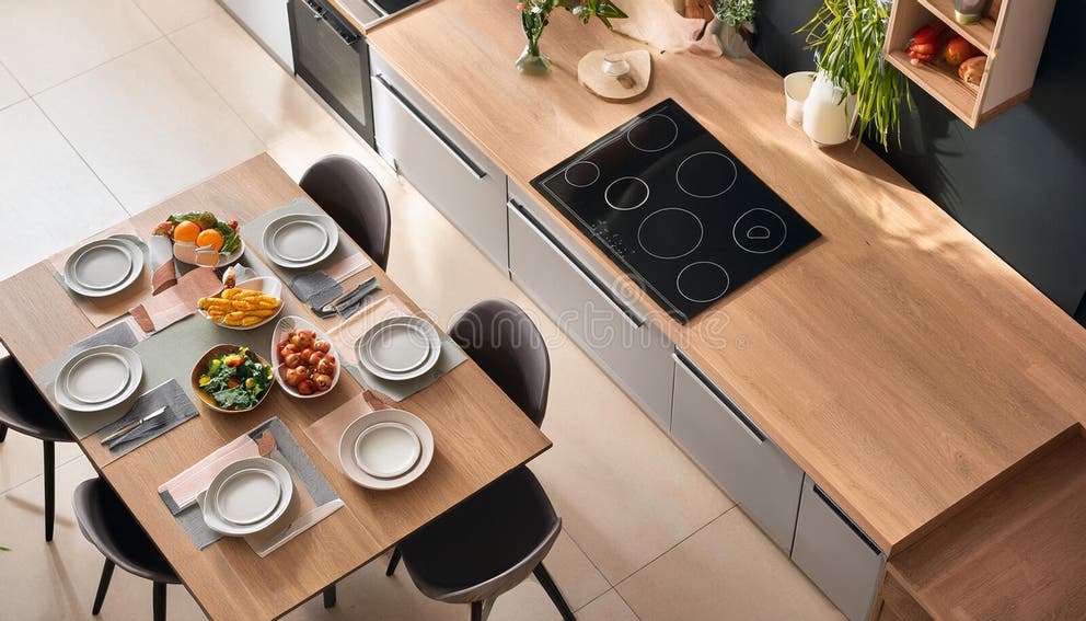 Top View of Modern Home Kitchen Interior with Cooking Zone and Dinner ...