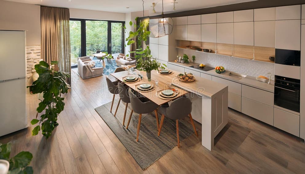 Top View of Modern Home Kitchen Interior with Eating Zone and Dinner ...