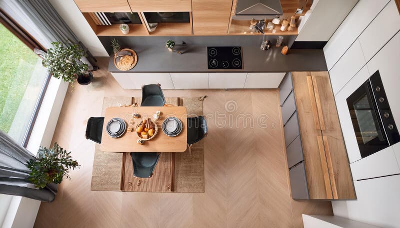 Top View of Modern Home Kitchen Interior with Eating Zone and Dinner ...