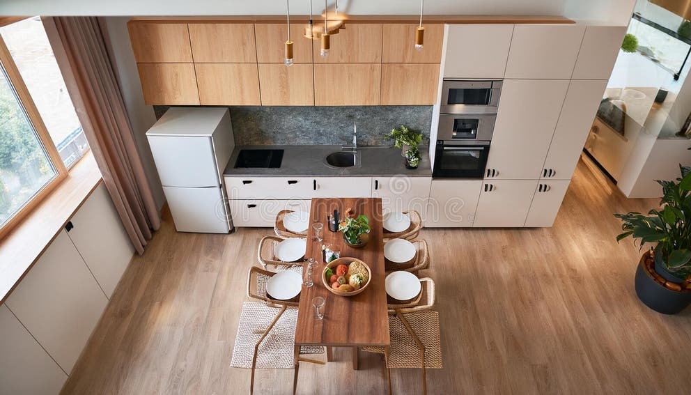 Top View of Modern Home Kitchen Interior with Eating Zone and Dinner ...