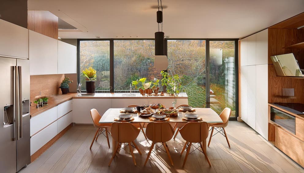Top View of Modern Home Kitchen Interior with Eating Zone and Dinner ...