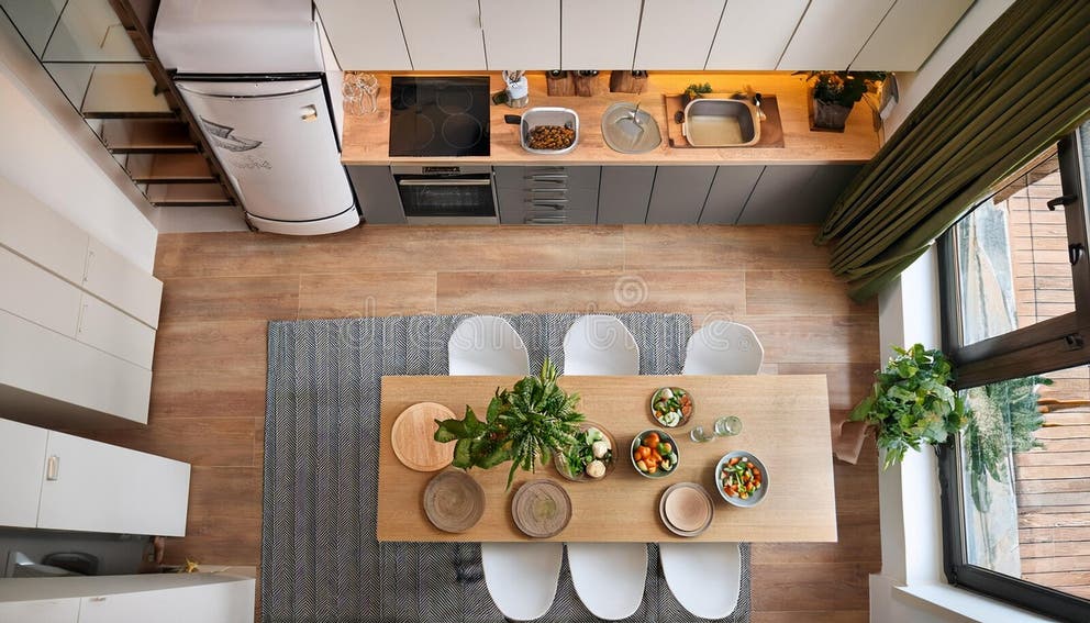 Top View of Modern Home Kitchen Interior with Eating Zone and Dinner ...