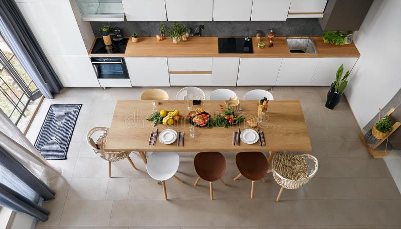 Top View of Modern Home Kitchen Interior with Eating Zone and Dinner ...