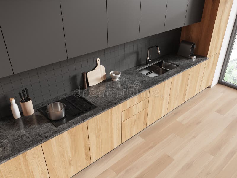 Top View of Modern Kitchen Interior with Cooking Corner and Panoramic ...