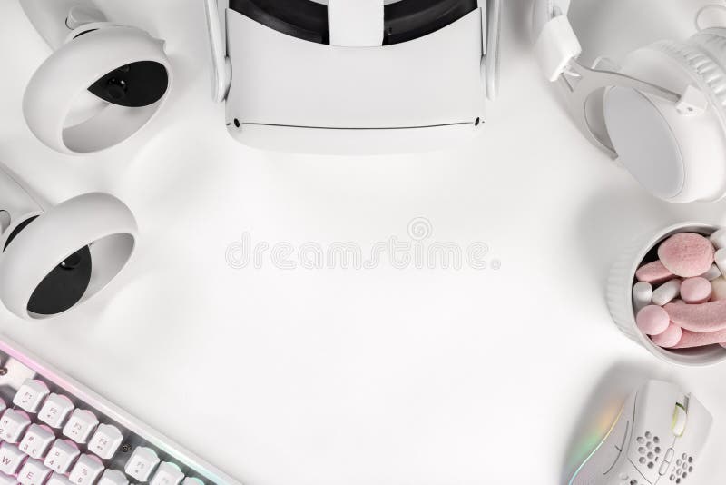 Top View of Modern White Gaming Desk with VR Headset and Controllers ...