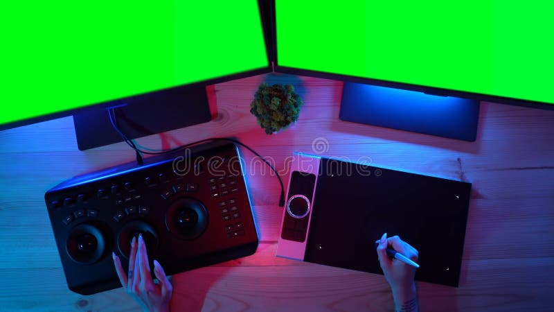 Top View of Monitors and Female Hands Working on Computer, Editing ...