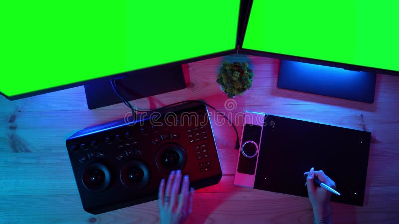 Top View of Monitors and Female Hands Working on Computer, Editing ...