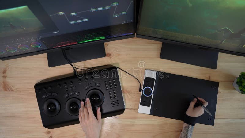 Top View of Monitors and Man Hands Working on Pc at the Desk at Home ...