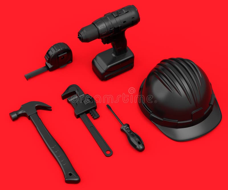 Top View of Monochrome Construction Tools for Repair on Red Background ...