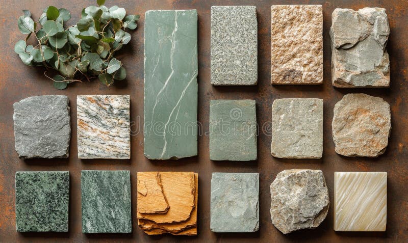 A Top-view Moodboard Displaying Samples of Green, Stone, and Wood ...