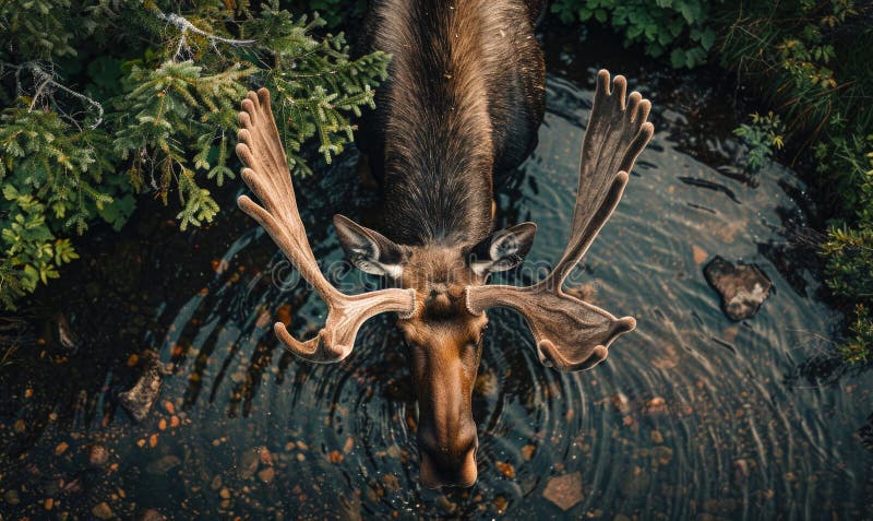 Top View of a Moose Drinking from a River, Lush Forest Background Stock ...