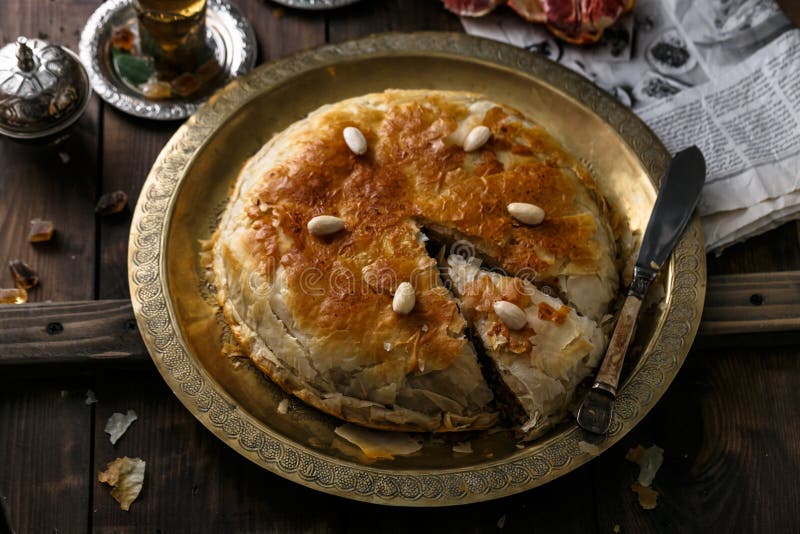 Top View of Morrocan Pie on Copper Plate Stock Image - Image of ...