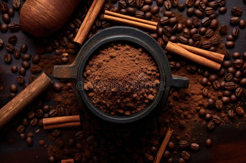 Top View of a Mortar with Ground Coffee Beans and Cinnamon Stock Image ...