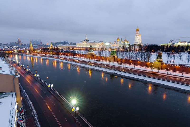 Top View Moscow River and Moscow Kremlin in Winter Night Stock Photo ...