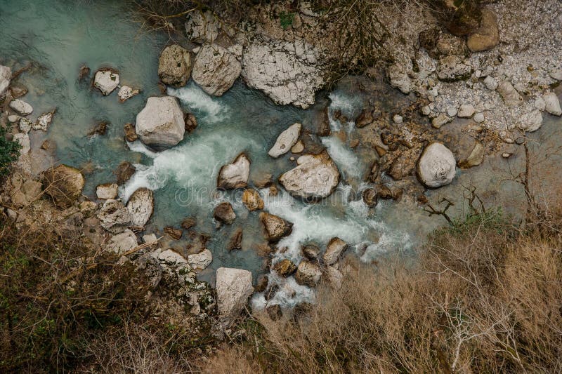 Top View on the Mountain River Flowing among the Rocks and Trees Stock ...