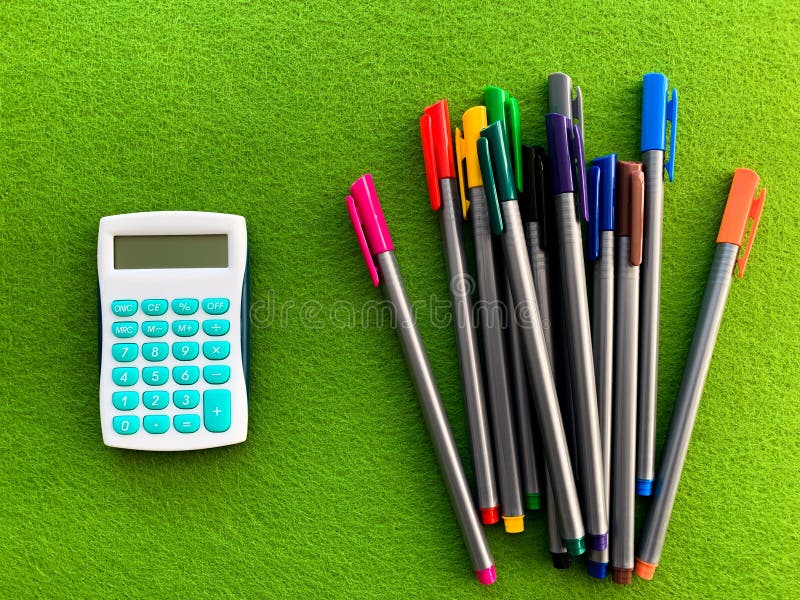 Top View, Multi Colored Pens at Green Background Stock Photo - Image of ...