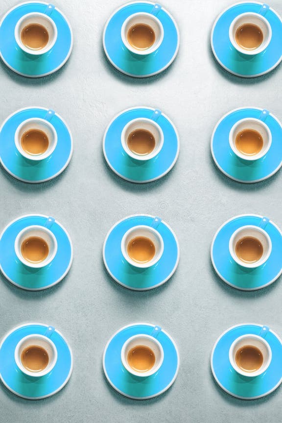 Top View of Multiple Turquoise Coffee Cups Filled by Espresso Arranged ...