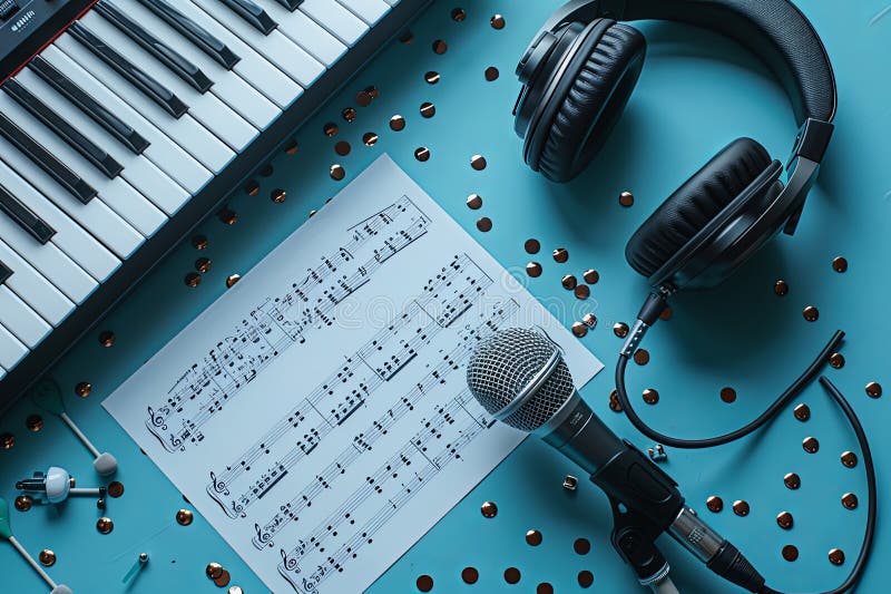 A Top View of a Music Studio Setup with a Keyboard, Sheet Music ...