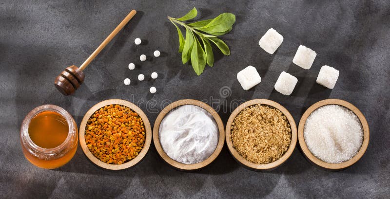 Top View of Natural Sweeteners - Sugar, Stevia Leaves, Pollen and Honey ... Top View of Natural Sweeteners - Sugar, Stevia Leaves, Pollen and Honey ...