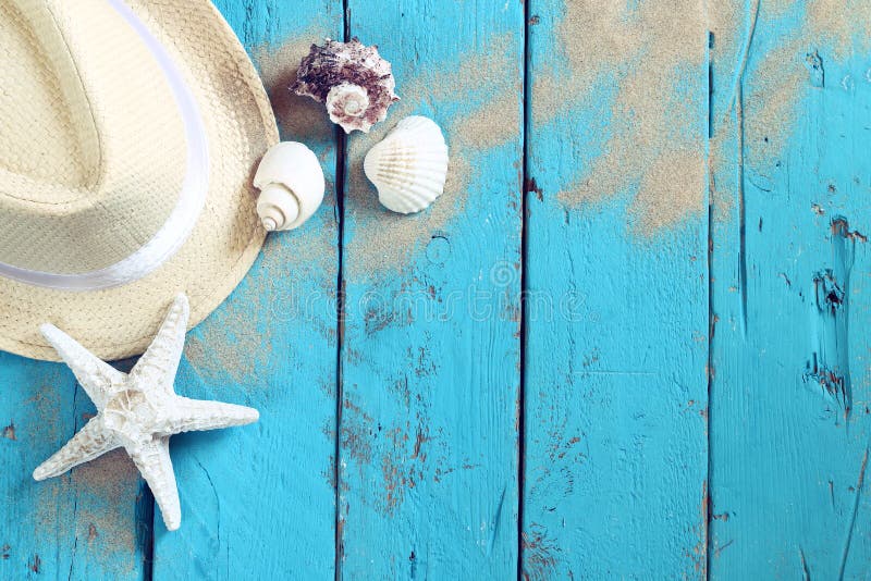 Top View Nautical Concept with Fedora Hat and Seashells Stock Photo ...