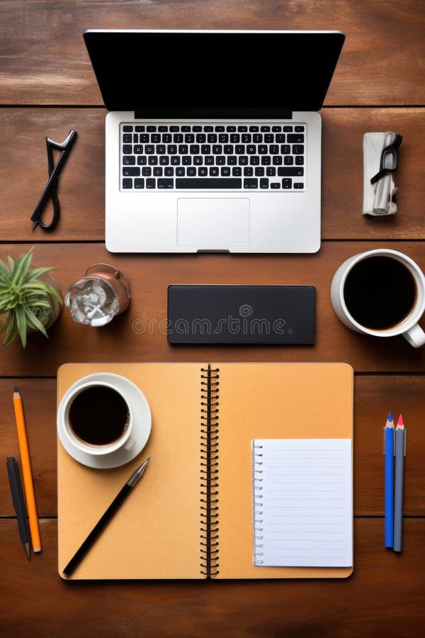 Top View of a Neatly Organized Office Desk with Laptop, Notepad, and ...
