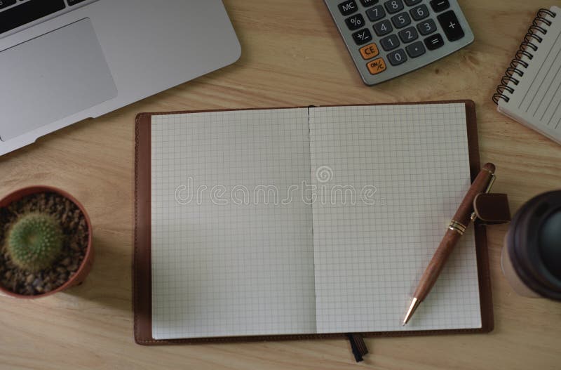 Top View of Note Book and Pen with Laptop on Wood Table. Stock Photo ...