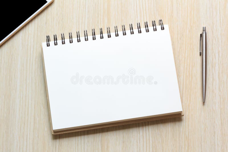 Top View Notebook with Blank Sheet and Pen on Wooden Table Stock Image ...