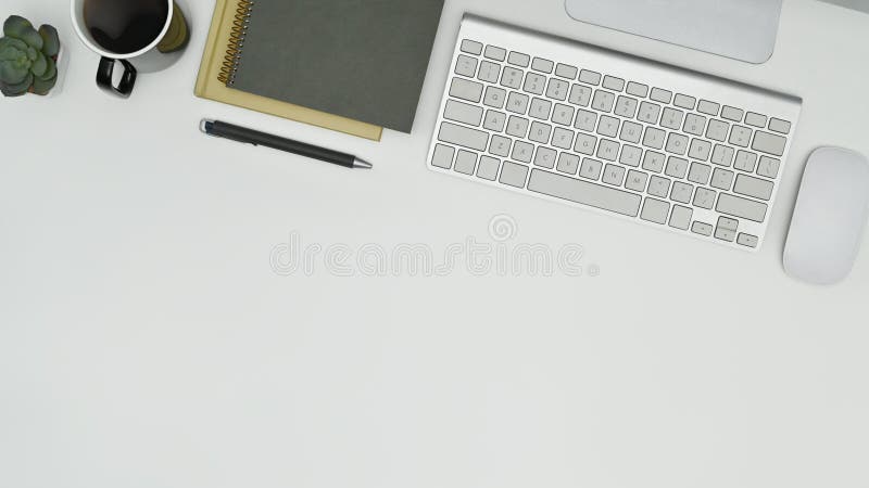 Top View of Notepad, Cup of Coffee, Wireless Keyboard and Mouse on ...