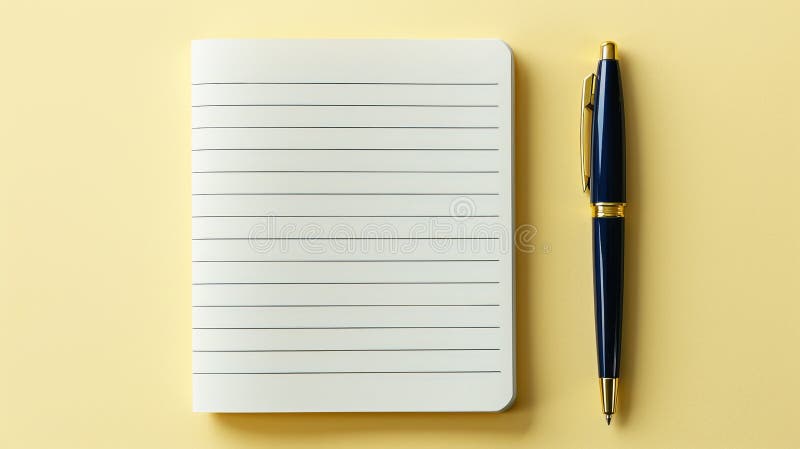 Top View of Notepad with Pen Lying on Light Yellow Background Stock ...