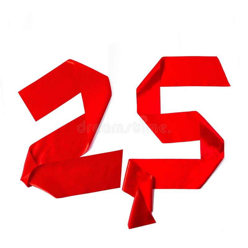 Top View of the Number Twenty Five Formed with Red Ribbons on a White ...