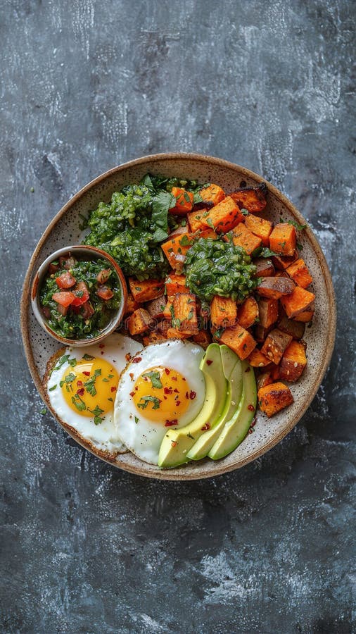 Healthy Breakfast Bowl with Eggs, Avocado, and Roasted Vegetables Stock ...