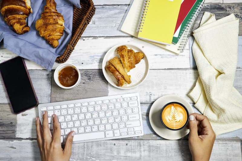 Top View of Office, Business Woman Working and Take Her Breakfast Stock ...