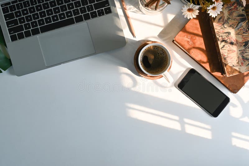 Top View Office Desk with Computer, Coffee Mobile Phone and Office ...