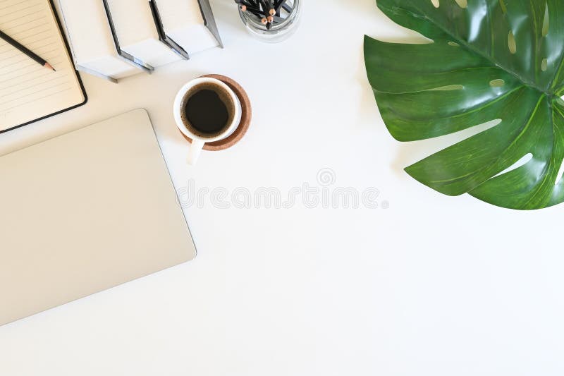Top View Office Desk with Computer, Coffee and Office Supply on White ...
