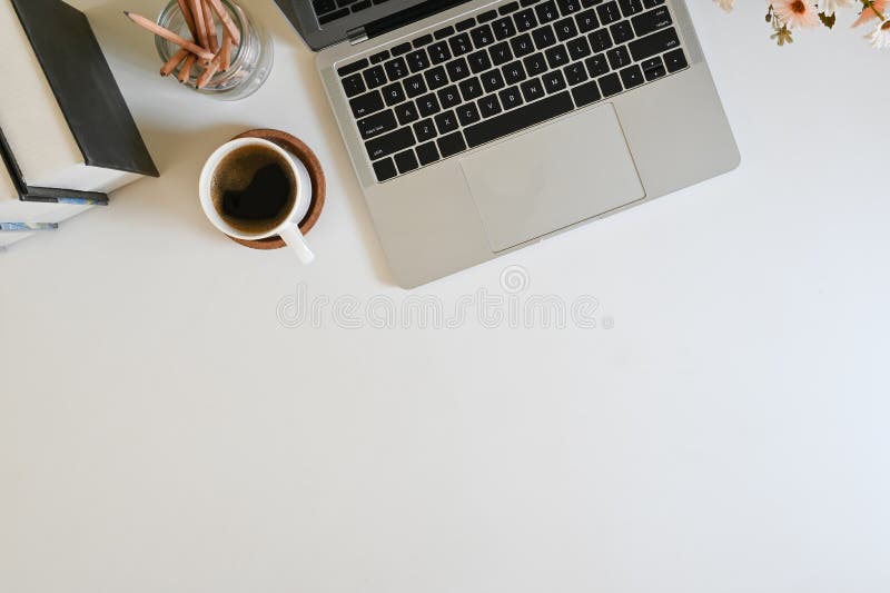Top View Office Desk with Computer, Coffee and Office Supply on White ...