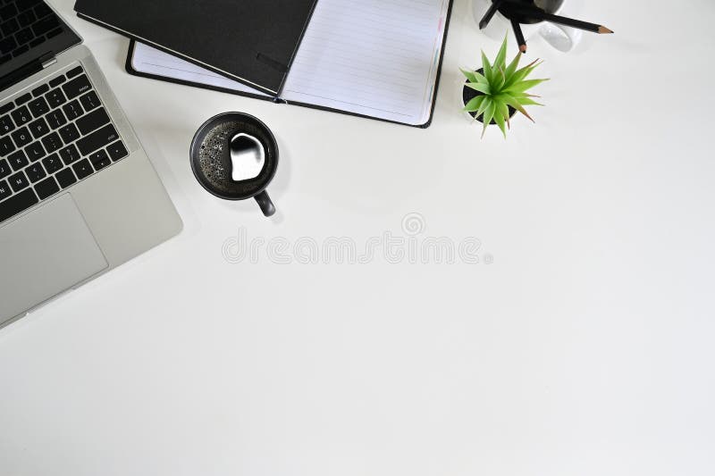 Top View Office Desk Laptop Computer, Coffee, Notebook with Pencil on ...