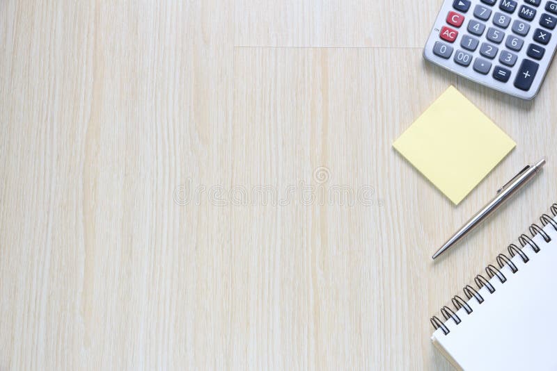 Top View of Office Desk with Pen, Notepad, Note, and Calculator Stock ...