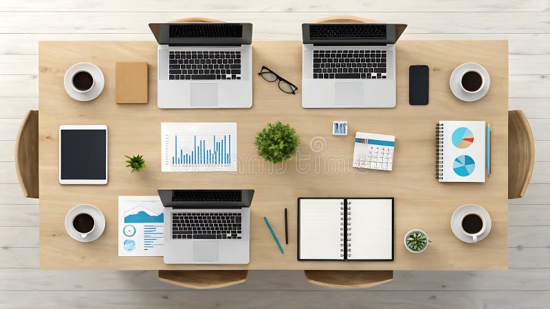Top View of Office Desk Setup for Corporate Teamwork Stock Illustration ...