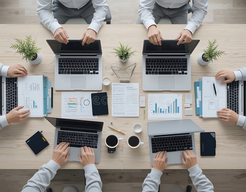 Top View of Office Desk Setup for Corporate Teamwork Stock Illustration ...