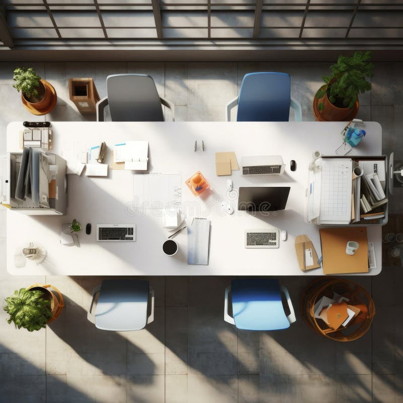 Top View Office Desk with Office Tools, Computer Laptop, Plant Pot and ...