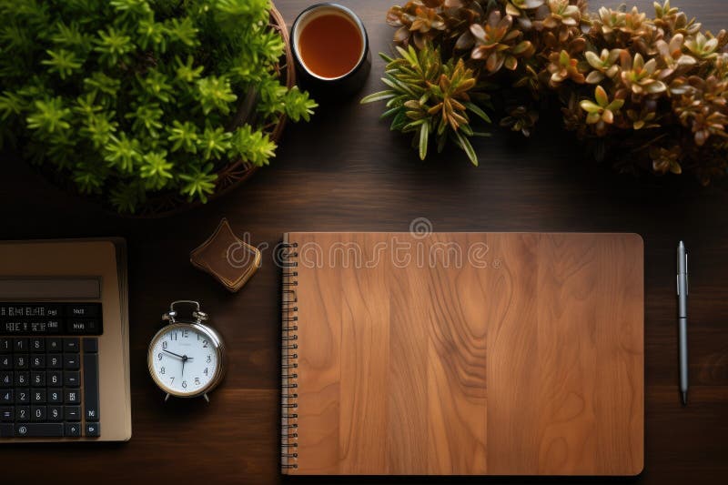 Top View Office Desk with Office Tools, Computer Laptop on Wood Table ...