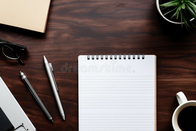 Top View Office Desk with Office Tools, Computer Laptop on Wood Table ...