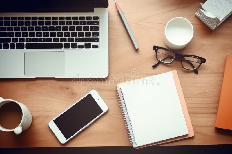 Top View Office Desk with Office Tools, Computer Laptop on Wood Table ...