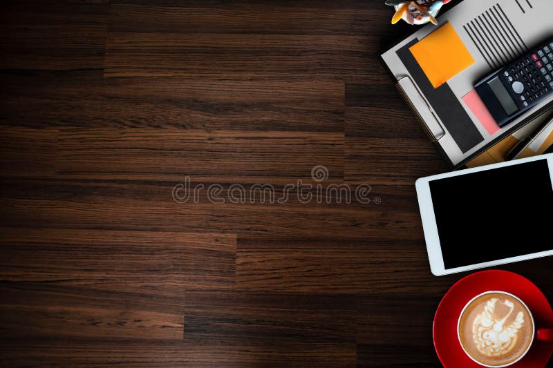 Top View of Office Desktop with Various Supplies and Devices. Workplace ...