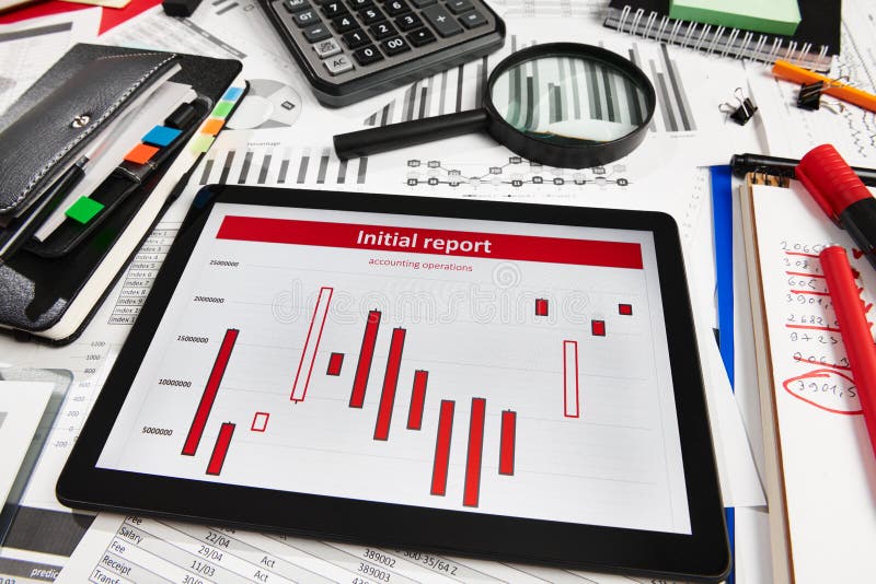 Top View of Office Employee`s Desk - Work with Tablet Pc Computer and ...