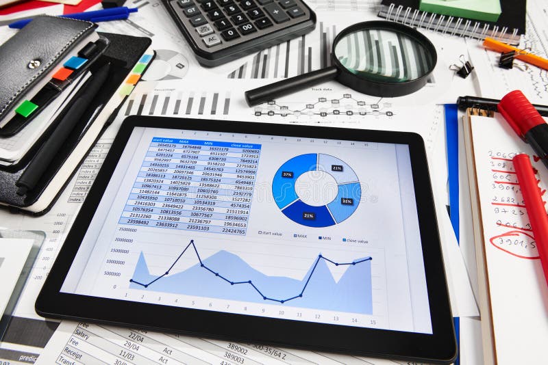 Top View of Office Employee`s Desk - Work with Tablet Pc Computer and ...