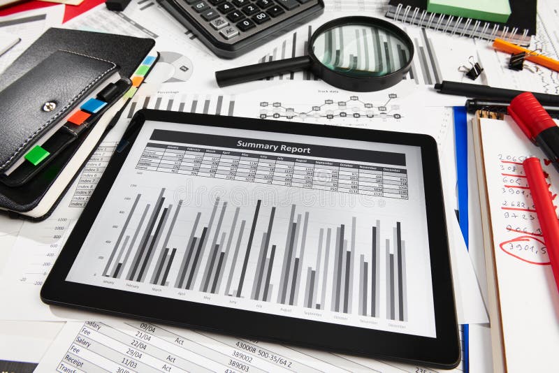 Top View of Office Employee`s Desk - Work with Tablet Pc Computer and ...