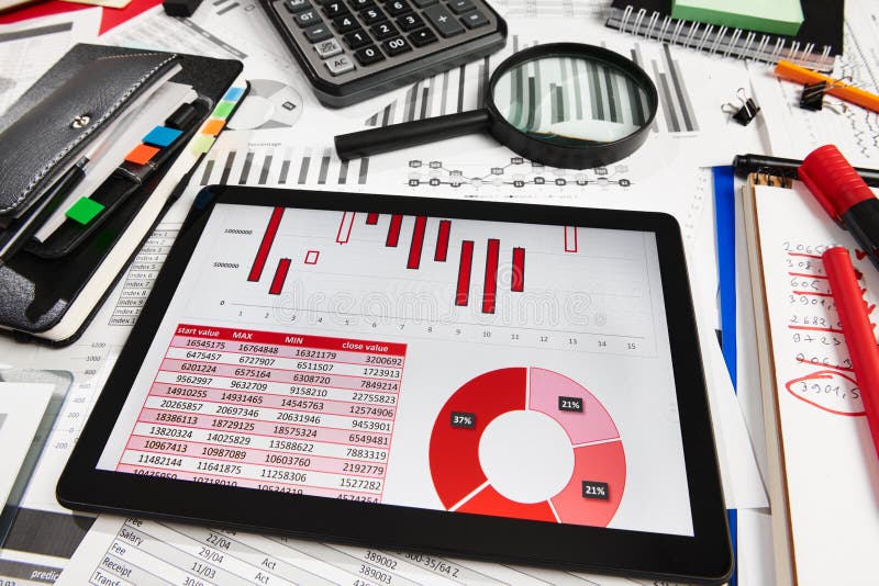 Top View of Office Employee`s Desk - Work with Tablet Pc Computer and ...